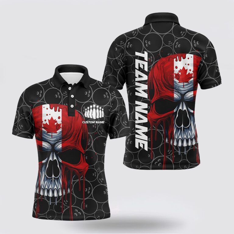 Bowling Polo Shirt, Canadian Flag Skull Bowling Team Polo Shirts ...