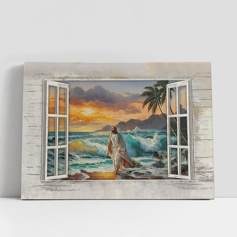Christian Canvas Wall Art, Jesus Walking On The Beach Window Frame ...