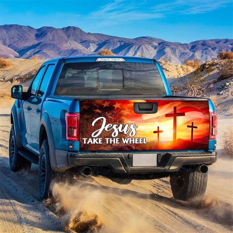 Jesus Tailgate Wrap, Jesus Take The Wheel Christian Cross American Flag ...
