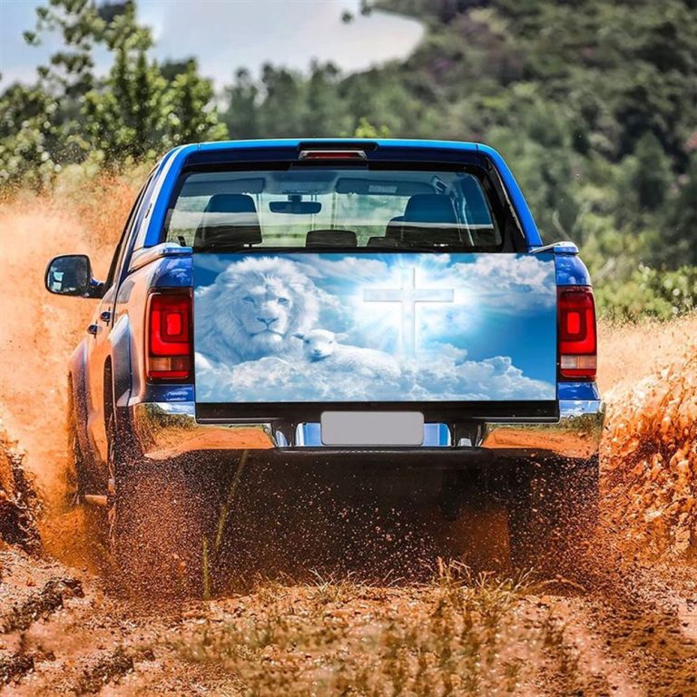 Jesus Tailgate Wrap, Lion Lamp Christ Cross Tailgate Wrap Blue Sky ...
