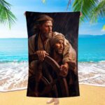 A Portrait Of Jesus Christ Behind A Sailor Beach Towel, Christian Beach ...