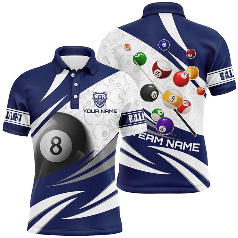 White Fire 8 Ball Billiard 3D Polo Shirts, Custom 8 Ball Pool Team Polo ...