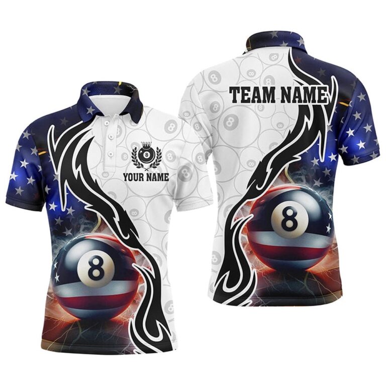 White Fire 8 Ball Billiard 3D Polo Shirts, Custom 8 Ball Pool Team Polo ...