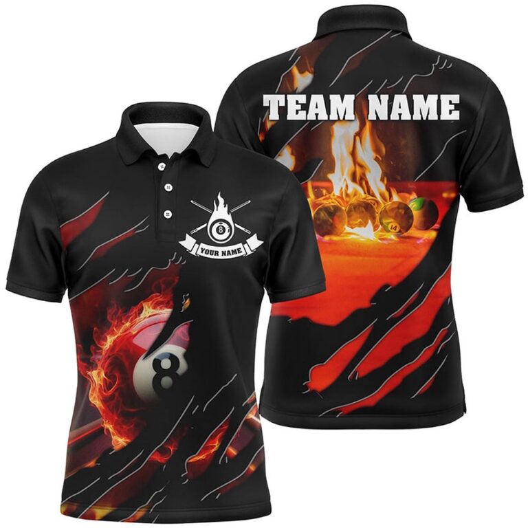 Fire 8 Ball Pool Polo Shirts, Custom 3D Flame Billiard Balls Team Polo ...