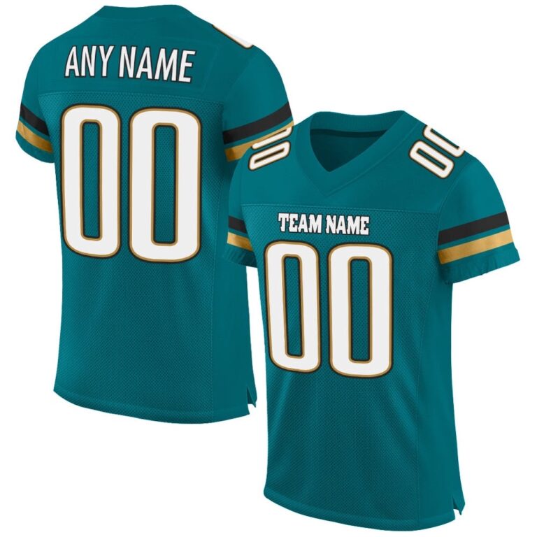 Teal White Old Gold Mesh Authentic Football Jersey, Personalized ...