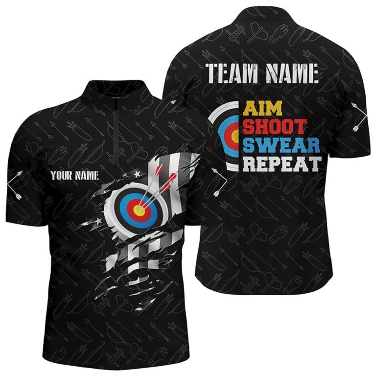 Aim Shoot Swear Repeat Archery Jersey Shirts For Men US Flag Arrow ...