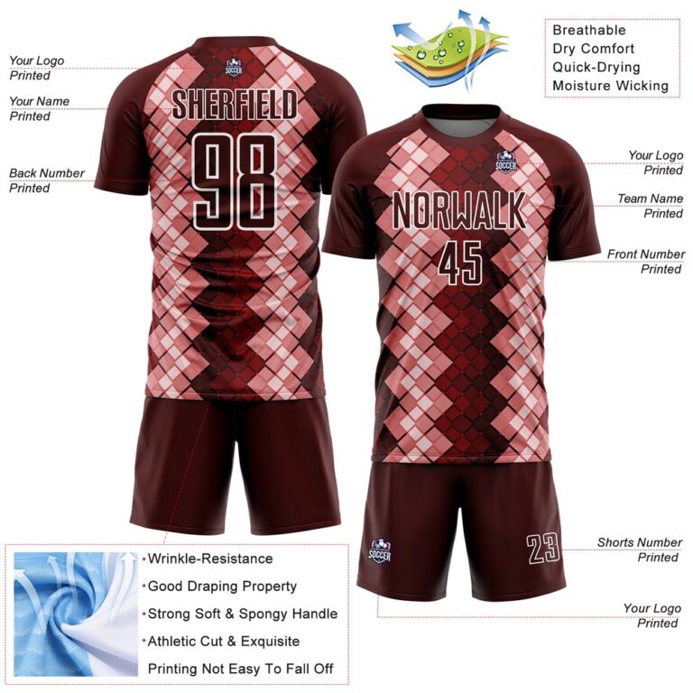 Burgundy White Geometric Shapes Sublimation Soccer Uniform Jersey ...