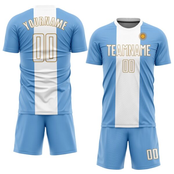 Light Blue White Old Gold Sublimation Argentinian Flag Soccer Uniform ...