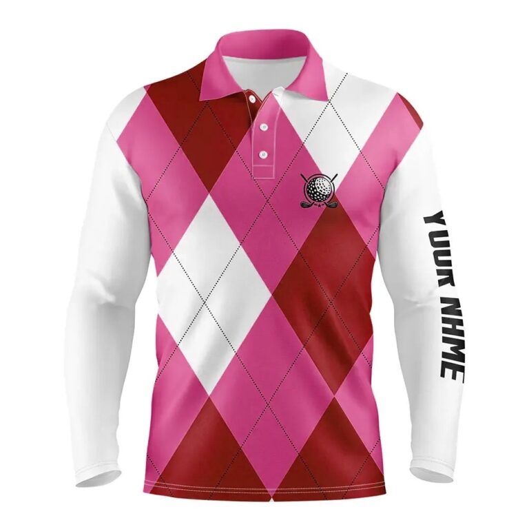 Men's Golf Polos Shirts Custom Pink And White Golf Argyle Plaid Pattern ...