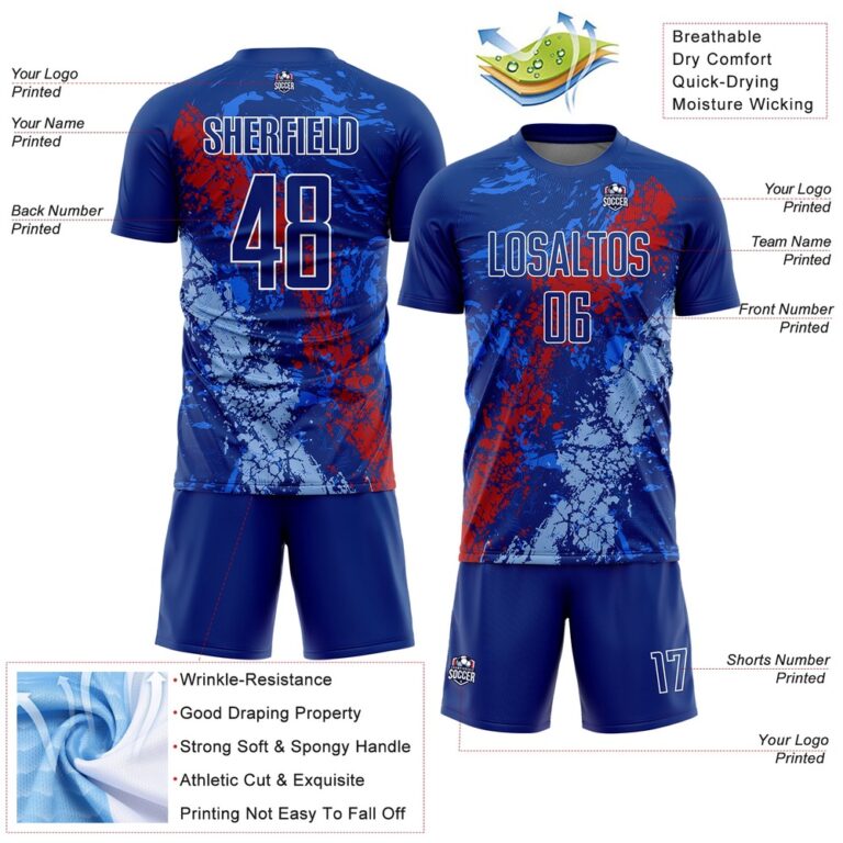 Royal Red Light Blue Dripping Splatter Art Sublimation Soccer Uniform ...
