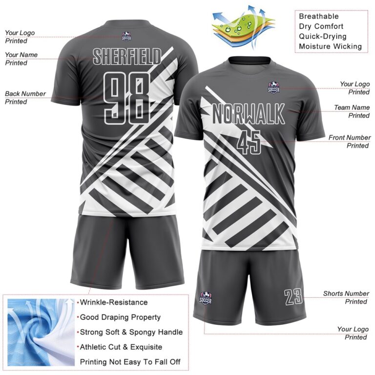 Steel Gray White Lines Sublimation Soccer Uniform Jersey, Custom Team ...