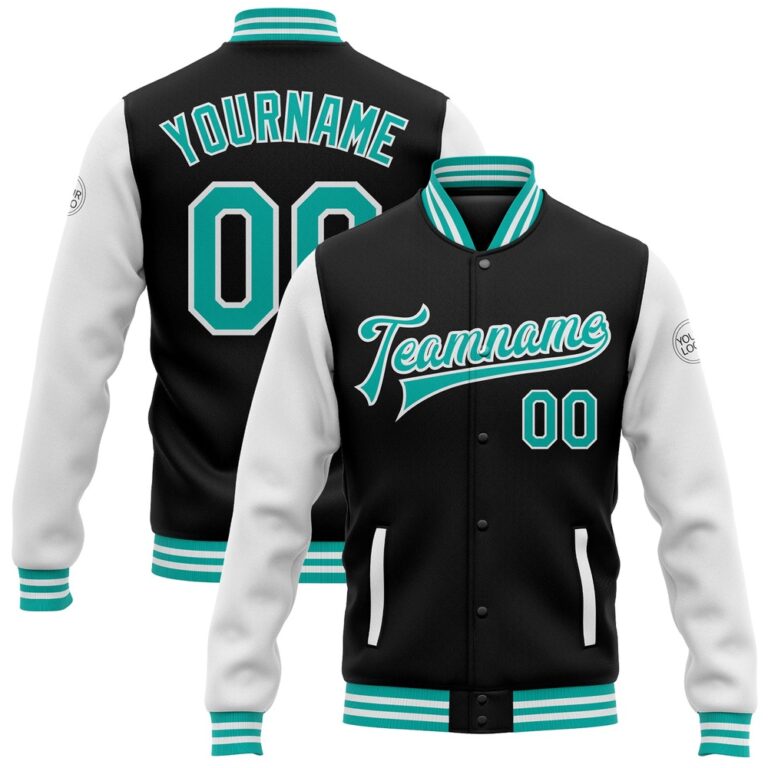 Custom Black Aqua White Bomber Full Snap Varsity Baseball Jacket ...