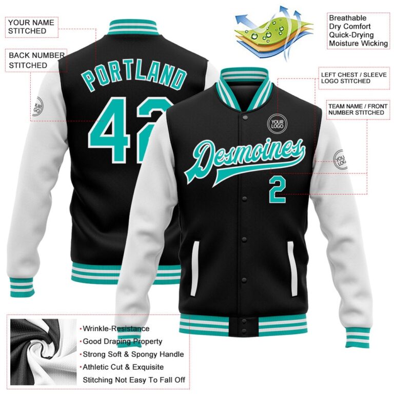 Custom Black Aqua White Bomber Full Snap Varsity Baseball Jacket ...