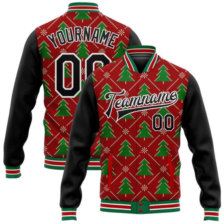 Custom Red Black Kelly Green Christmas 3D Bomber Full Snap Baseball ...