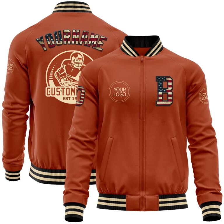 Custom Texas Orange Vintage USA Flag Black Cream Bomber Varsity ...