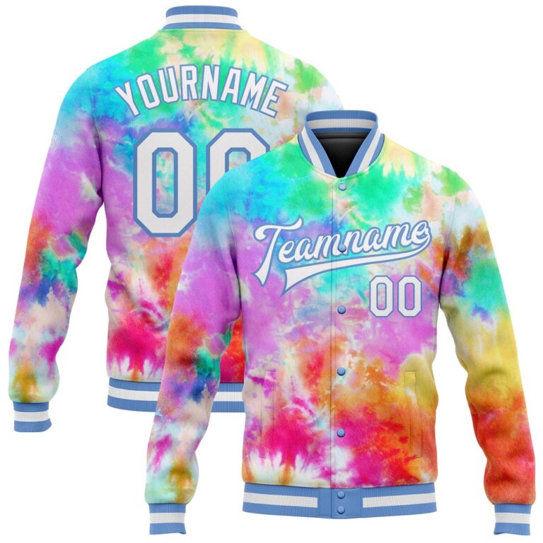 Custom Tie Dye White Light Blue Rainbow 3D Bomber Full Snap Baseball ...