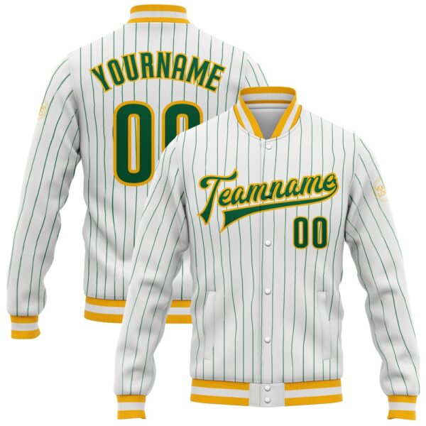 Custom White Kelly Green Pinstripe Kelly Green Gold Bomber Full Snap ...