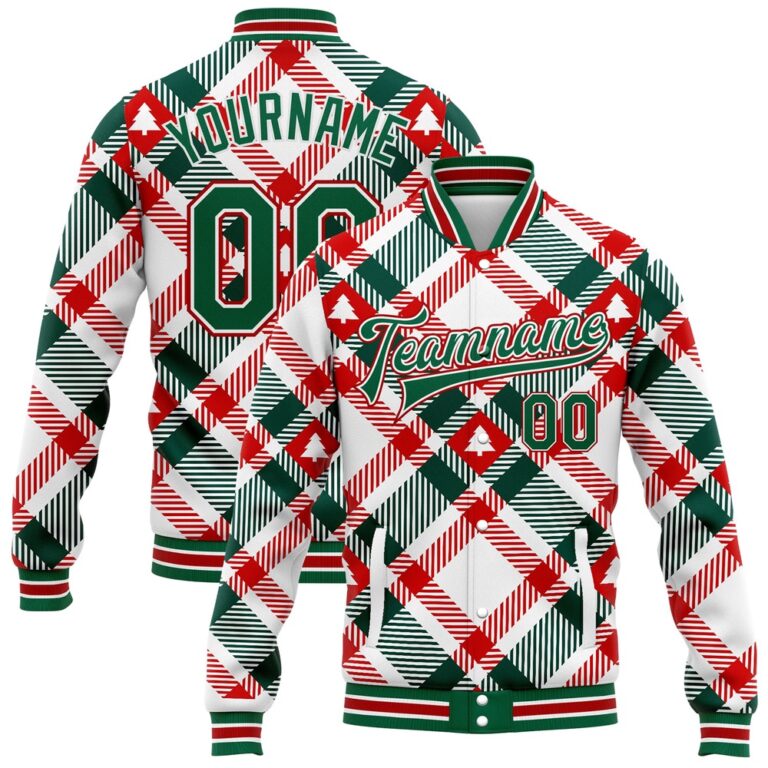 Custom White Kelly Green Red Christmas Tree 3D Bomber Full Snap ...