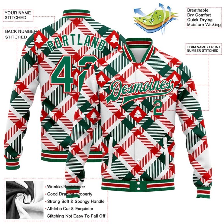 Custom White Kelly Green Red Christmas Tree 3D Bomber Full Snap ...