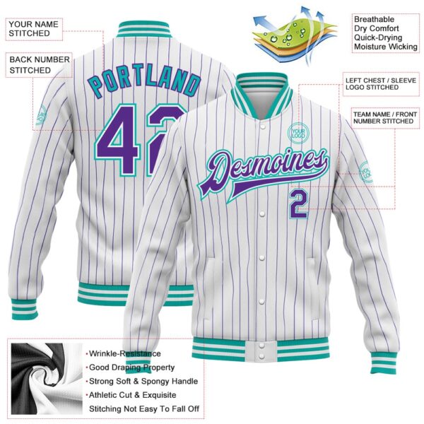 Custom White Purple Pinstripe Aqua Bomber Full Snap Baseball Jacket ...