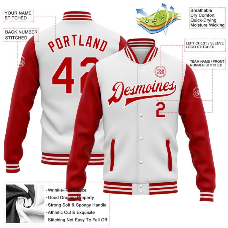Custom White Red Bomber Full Snap Varsity Baseball Jacket, Custom Team ...
