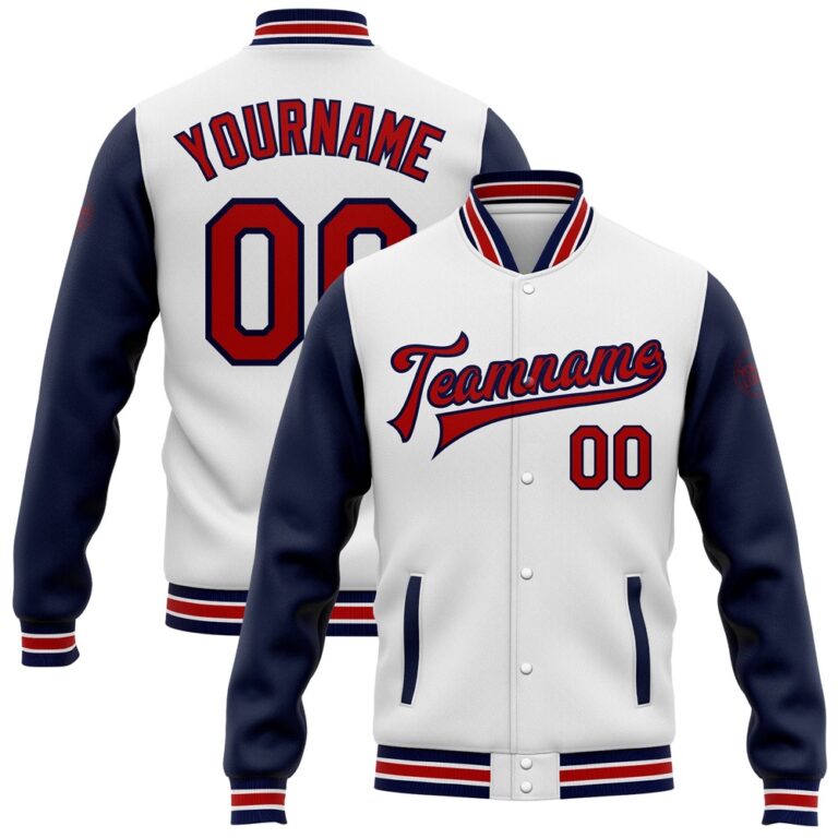 Custom White Red Navy Bomber Full Snap Varsity Baseball Jacket, Custom ...