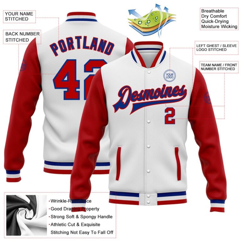 Custom White Red Royal Bomber Full Snap Varsity Baseball Jacket, Custom ...